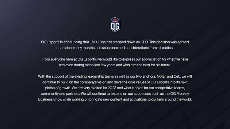 JMR Luna steps down as CEO of OG. Esports industry news - eSports ...